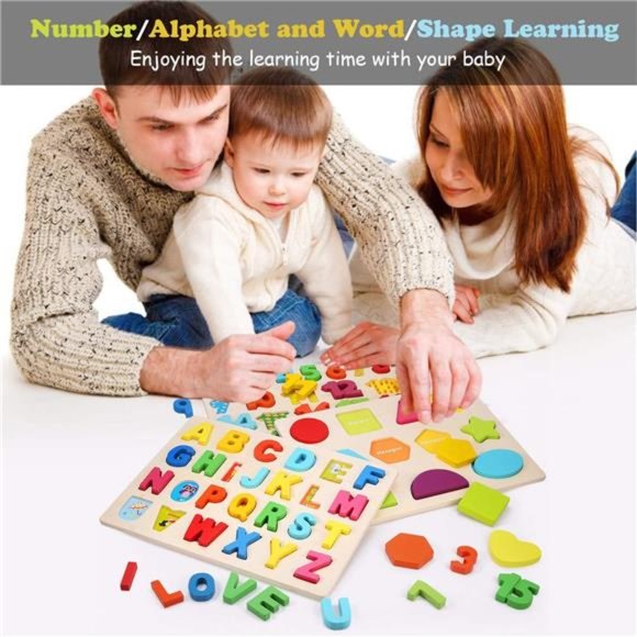 Toys | 3 Pack Wooden Puzzles Alphabet Number Shape Learning Puzzle For ...